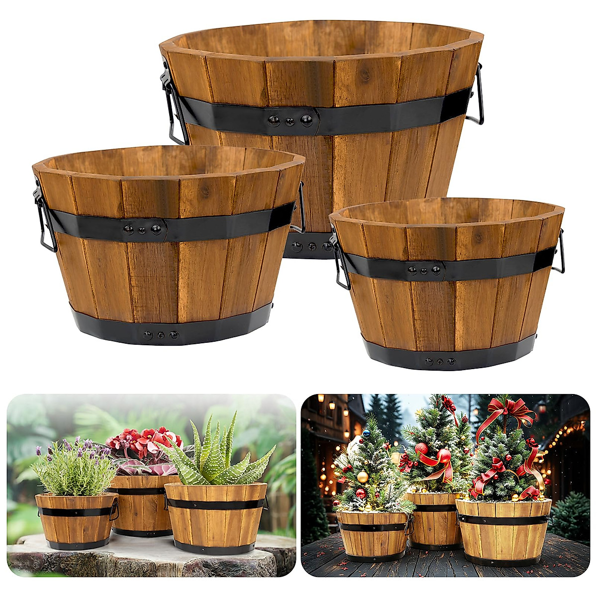 Idzo Set of 3 Wooden Flower Boxes Outdoor, Durable Acacia Wood Barrel Planters for Outdoor Plants with Ergonomic Handles, Drainage Holes, Multiple Sizes Wood Bucket Planter Light Brown