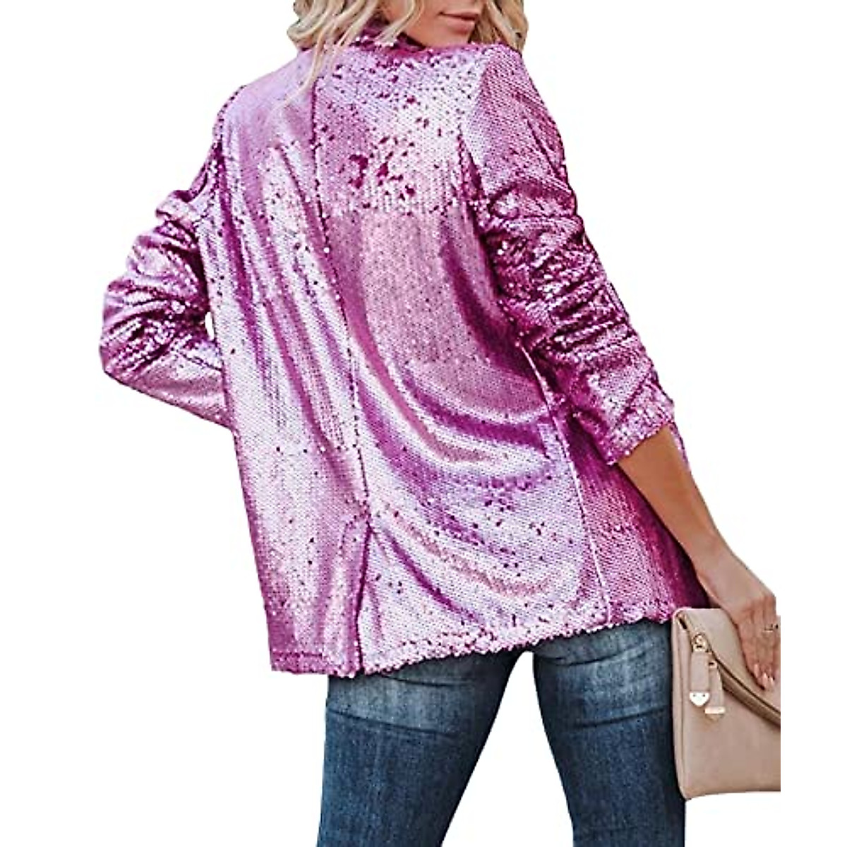 SEMATOMALA Women's Sequin Shiny Open Front Blazer Evening Party Sparkly Long Sleeve Slim Cardigan Coat RO-M