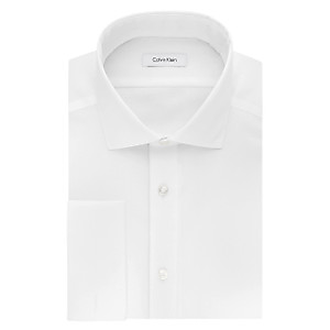 Calvin Klein Men's Non Iron Regular Fit Herringbone French Cuff Dress Shirt, White, 17.5" Neck 34"-35" Sleeve
