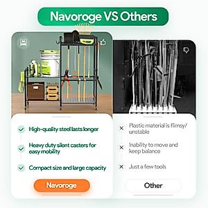 NAVOROGE Garden Tool Organizer for Garage,Yard Tool Holder with Wheels,Multifunctional Tool Storage Rack with 5 Hooks,for Garden Shed Garage Yard Basement Lawn,Up to 35 Long-Handled Tools,Black
