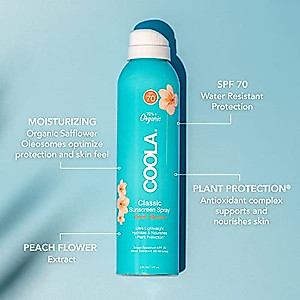 COOLA Organic Sunscreen SPF 70 Sunblock Spray, Dermatologist Tested Skin Care for Daily Protection, Vegan and Gluten Free, Peach Blossom, 6 Fl Oz