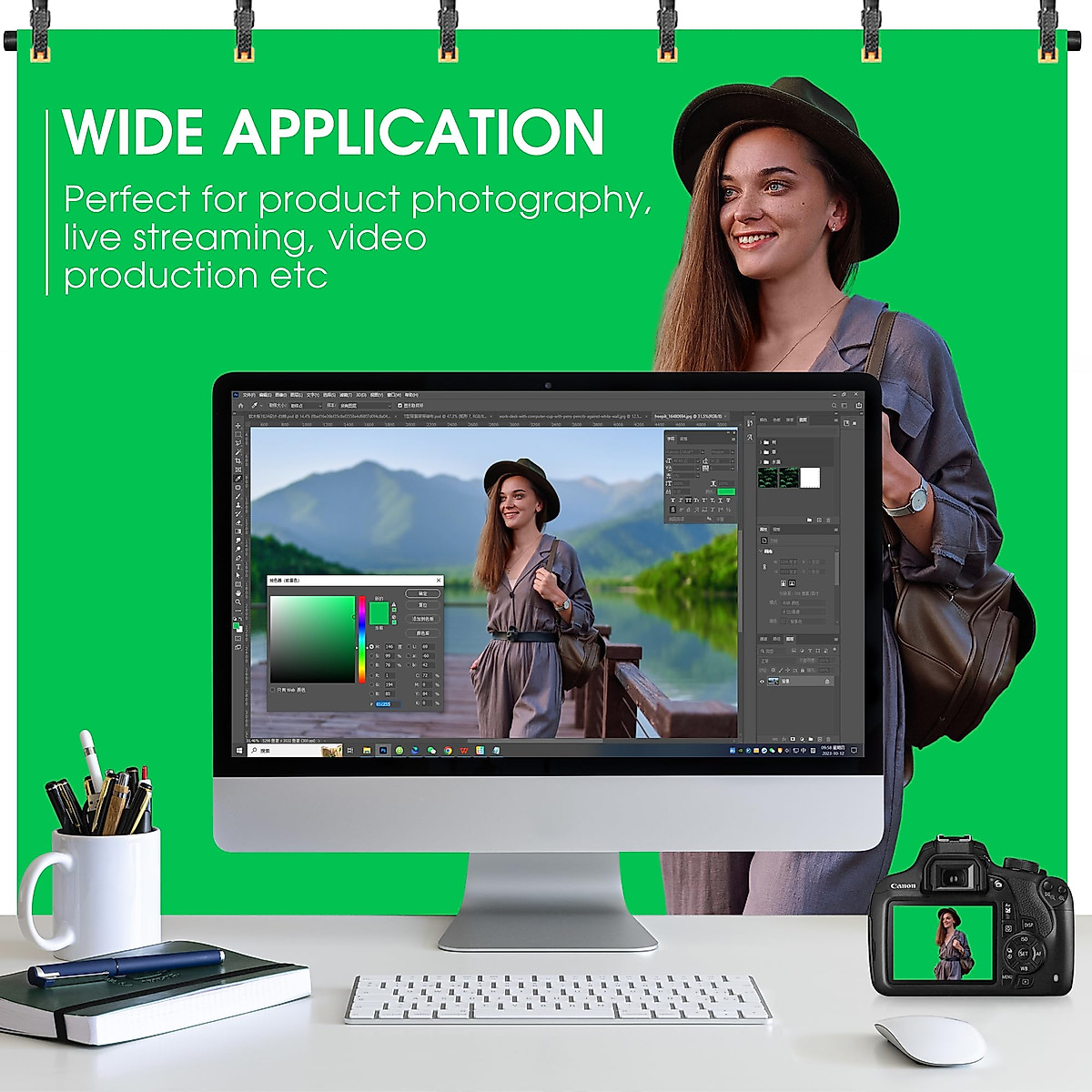 Green Screen Backdrop with Stand, 8x7.2ft Portable Greenscreen Background with Stand, T-Shape Green Screen Stand kit with 6 Spring Clamps, Sandbag, Carry Bag for Zoom, Video, Streaming and Photoshoot