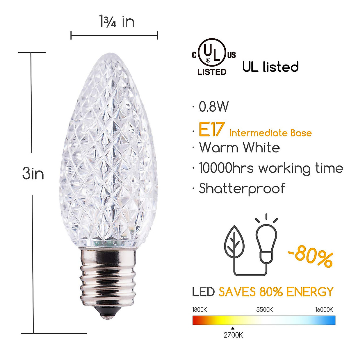25 Pack C9 Led Replacement Christmas Light Bulb, C9 Shatterproof Led Bulb for Christmas String Light, E17 Intermediate Base, Commercial Grade Dimmable Bulbs, Warm White