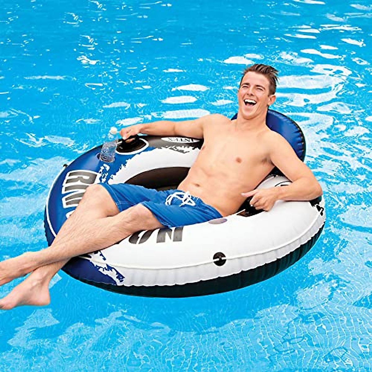 Intex River Run II Inflatable Double Rider Inntertube with Built-in Cooler and Cupholders with River Run I Single Floating Water Rafts (2 Pack)