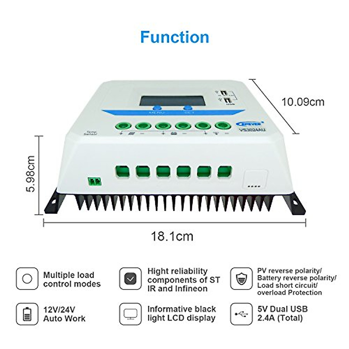EPEVER Solar Charge Controller 30A PWM VS3024AU with Dual USB Ports Solar Panel Battery Regulator 12V/24V Auto Work with LCD Display (30A)