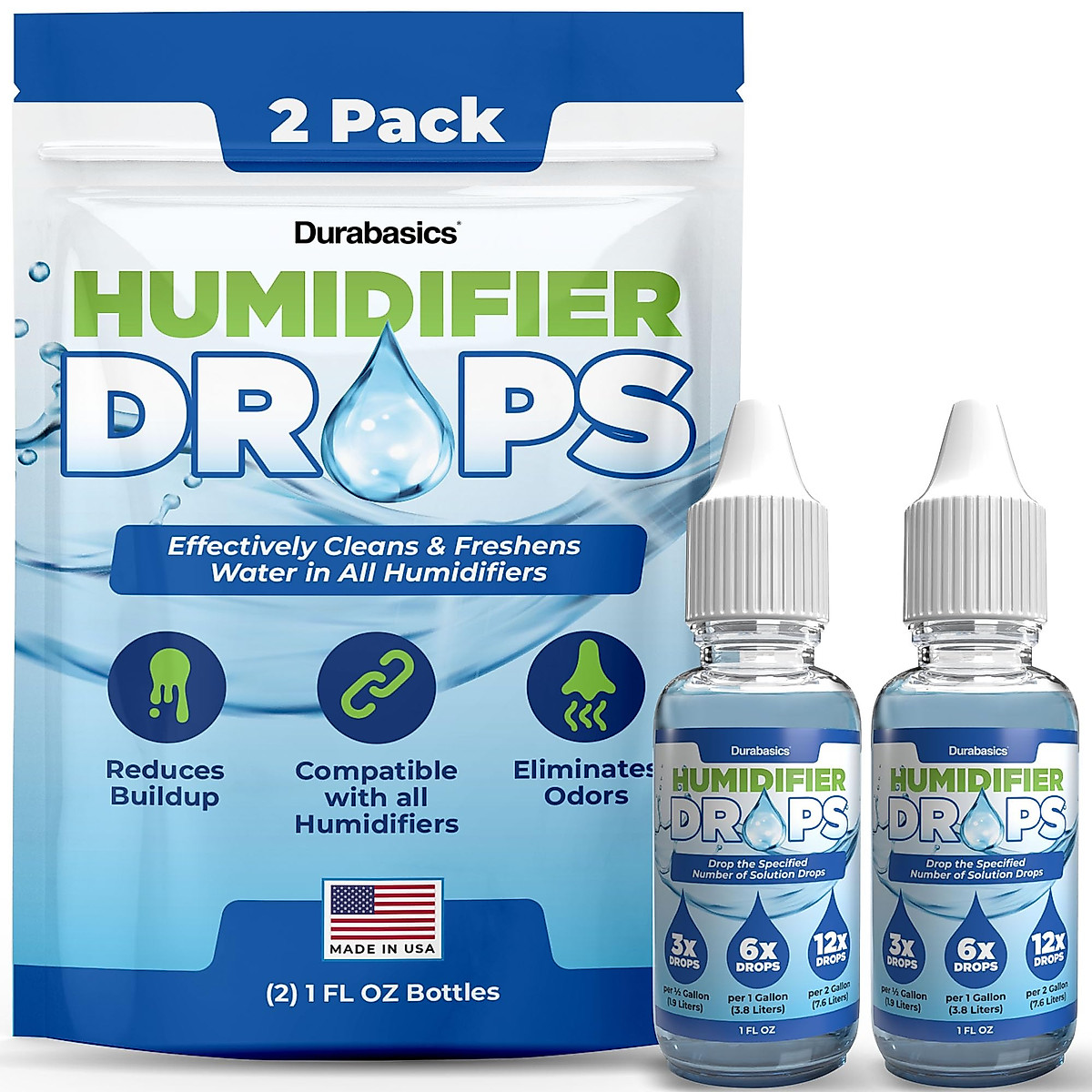 [2 Pack] Humidifier Drops for Cleaning - Food Grade Humidifier Cleaner Slows Buildup & Scaling - Cleans & Deodorizes Water - Suitable for All Humidifier Models - 200+ Day Supply - Made in USA