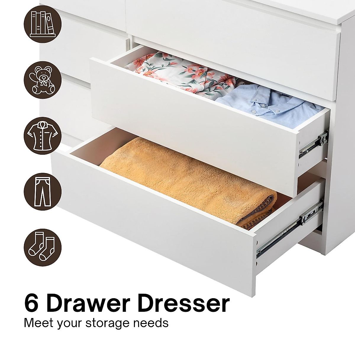 HOBBYZOO 6 Drawer White Dresser for Bedroom, Wood Dresser with Drawers, 55" Long Dresser with Drawers, Bedroom Furniture with Large Storage, Double Dresser Chest of Drawers