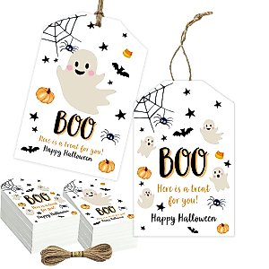 Halloween Tag Decoration 50PCS Halloween Ghost Tag with Jute String Trick or Treat Happy Boo Day for Halloween Party Gift Wrapping Candy Bag Decoration