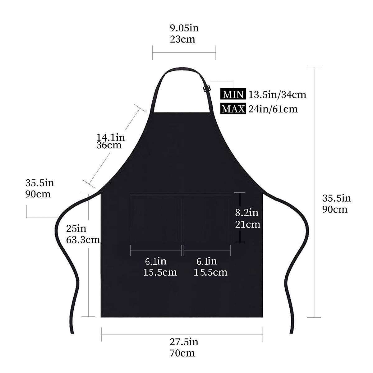 URED 2pcs Black Apron For Women，Bib Kitchen Apron Set，Extra Long Protection From Knee To Chest，Nail Tech Apron With Pockets，Artist Apron With Pockets，Chef Apron Elegant life RPET fabric