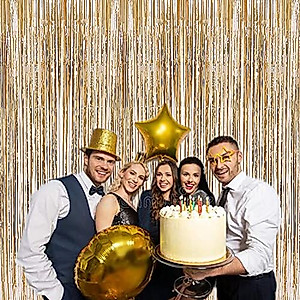 i-CHONY 2 Pcs 3.2ft x 8.2ft Champagne Gold Metallic Tinsel Foil Fringe Curtains Photo Booth Backdrop for Baby Shower Birthday Wedding Holiday Celebration Bachelorette Party Decorations