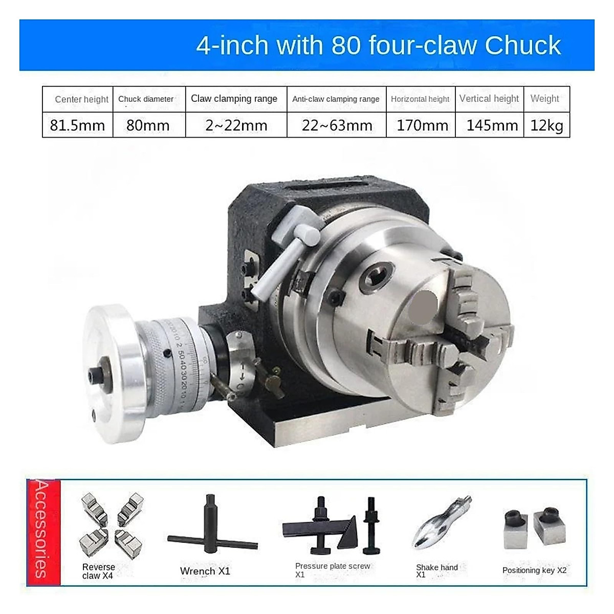 KACOME 4/6 Inche Three-jaw Chuck Milling Machine Indexing Head Rotary Table Universal Indexing Plate Rotating Vertical Horizontal(4 (80mm Four-jaw))