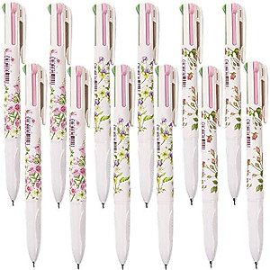 Shulaner Multi Colored Ballpoint Pens 0.5mm 4 Color Ink in One Ballpoint Pen Pure and Fresh Flower Pens Pack of 12
