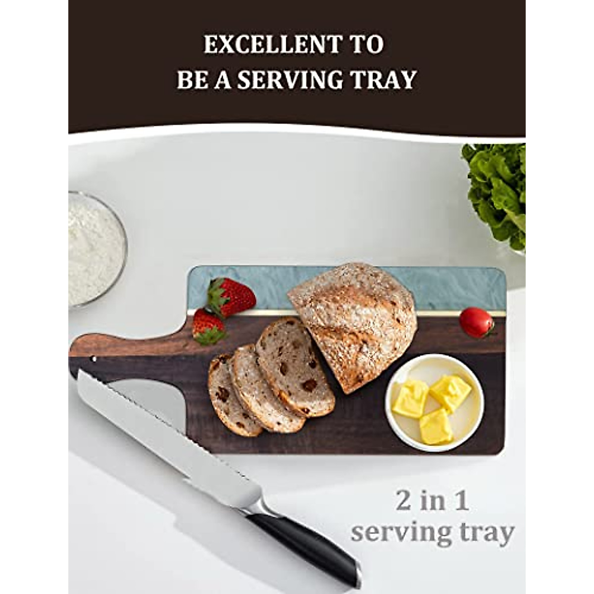 Fkksparkler Cutting Board with Marble and Wood, 16.5”X 7” Cheese Board with Handle,Serving board for Bread, Cheese, Meat, Fruits, and Vegetables, Charcuterie Boards for Kitchen as Serving Trays