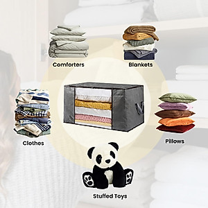 Joymeezo 90L Grey Large Storage Bags, 6 Pack Foldable Closet Organizers Linen Storage Containers with Zippers and Durable Handle for Clothing, Blanket, Comforters, Pillows, Sweaters and Toys