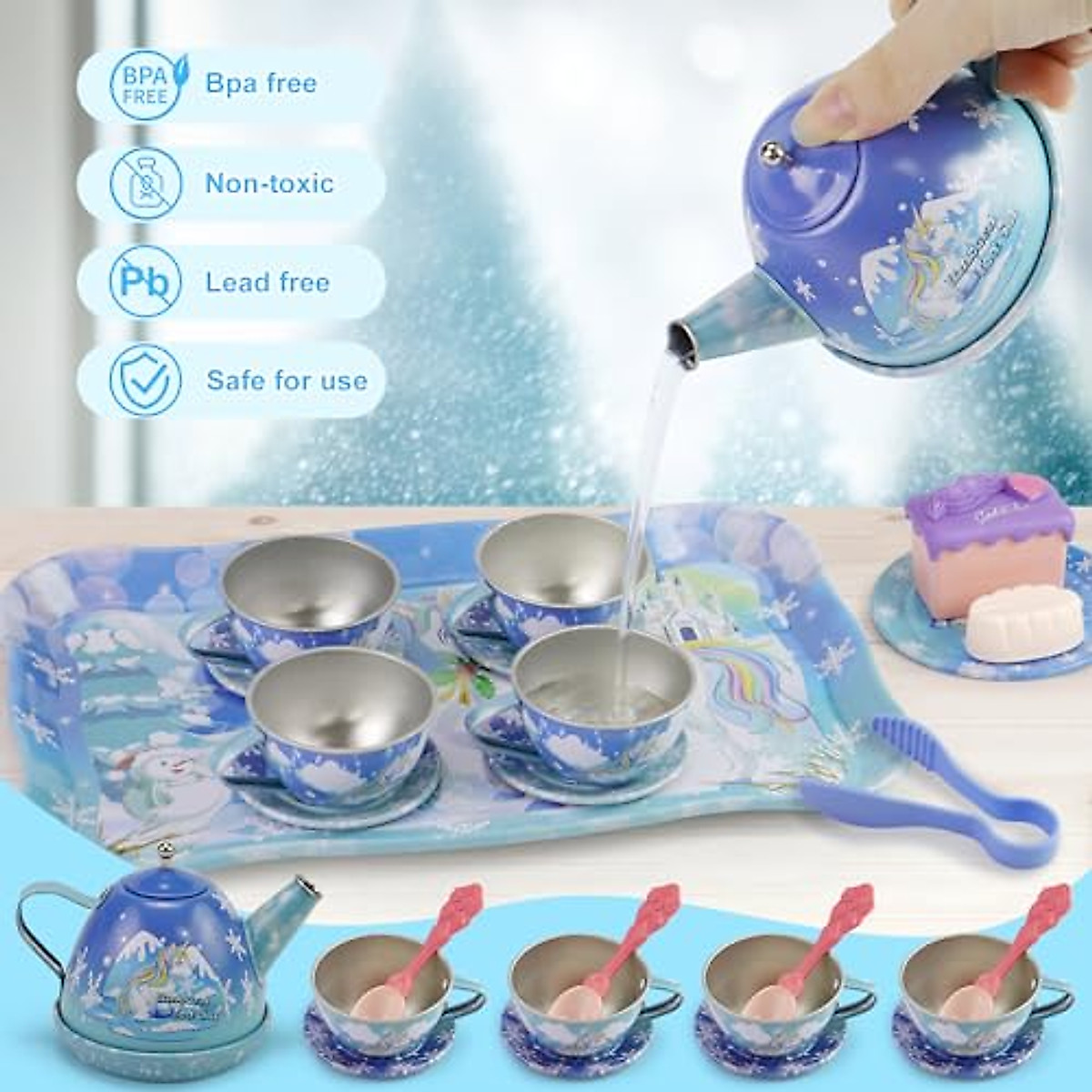 Toddler Toys Tea Set for Little Girls - 48 Pcs Tin Tea Set for Kids Includes Teapot, Tea Cup, Saucers Set Snack Plates & Desserts , Unicorn Princess Tea Party Set with Carrying Case