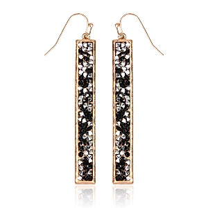 Glitter Rhinestone Statement Drop Earrings - Sparkly Crystal Geometric Metal Hook Dangles Vertical Bar, Elongated Teardrop, Shield Disc (Encrusted Jewel - Long Bar Black/Gold)