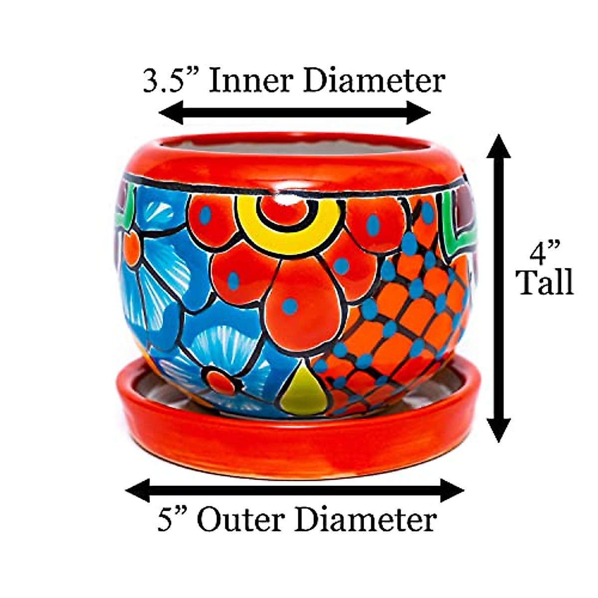 Enchanted Talavera Ceramic Succulent Pot Small Flower Planter Cactus Bonsai Pot W/Drainage Home Garden Office Desk Décor Gift (Small 4.5" x 4" with Saucer, Red)