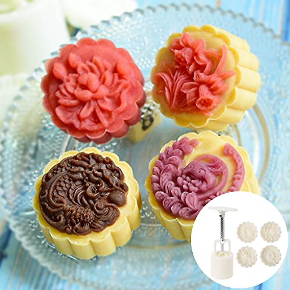 BYNNIX Mooncake Mold, Loong Phoenix Round Moon Cake Molds 50g Hand-Pressure 4 Stamps Chinese Cake