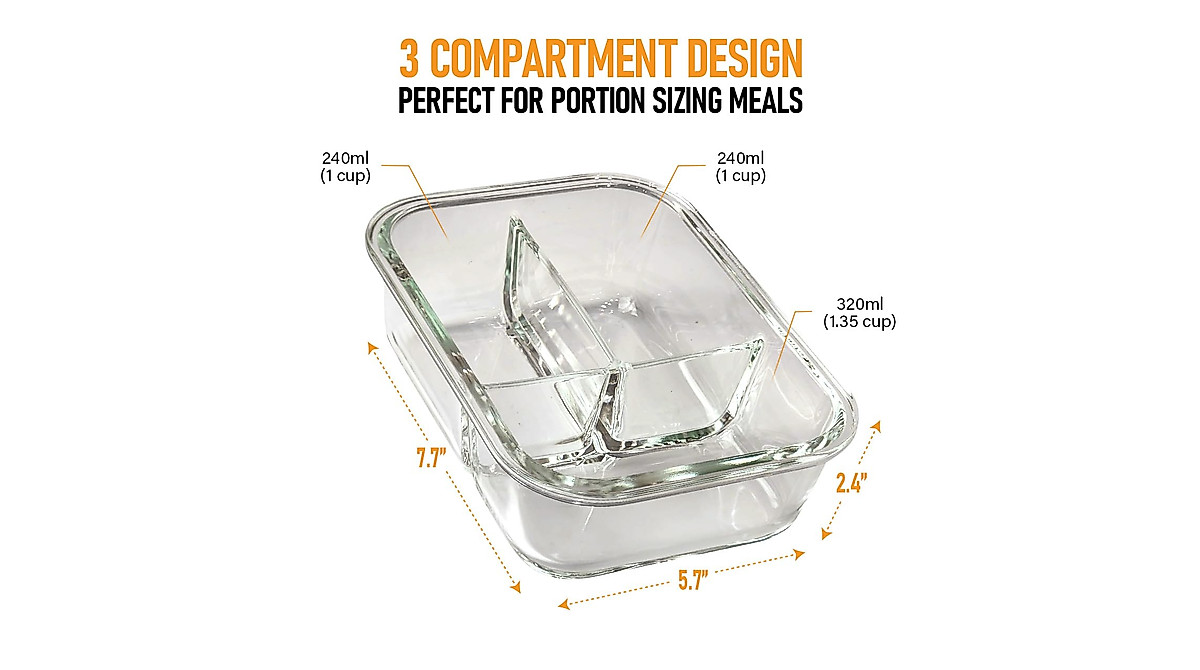3-Compartment Glass Bento Box Set for Meal Prep