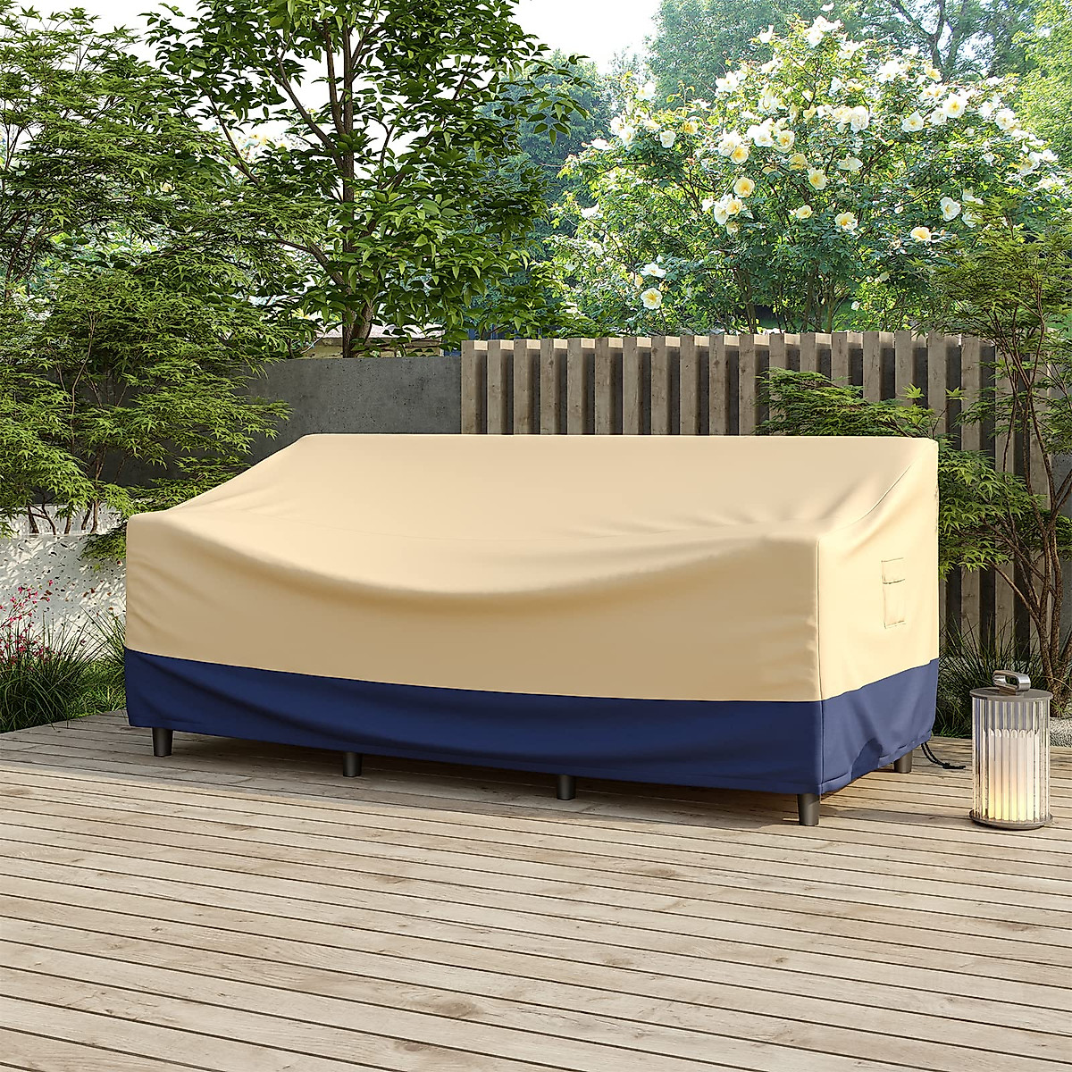 Tangkula Patio Sofa Cover, 3-Seater Waterproof Outdoor Deep Sofa Cover with Padded Handle & Click-Close Straps, Patio Furniture Cover with Air Vent, Heavy Duty PU Couch Cover, 77”W x 43”D x 30”H