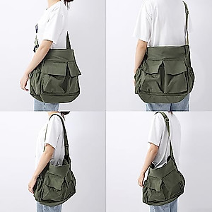 Canvas Messenger Bag Crossbody Shoulder Bag for Men and Women Vintage Tote Laptop Bag Large Hobo Bag with Multiple Pockets (Army Green)