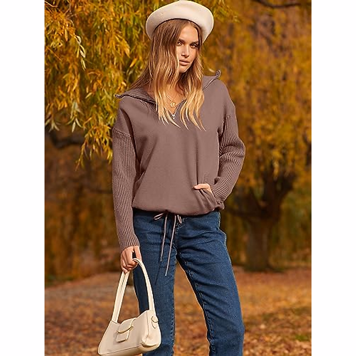 ANRABESS Quarter Zip Sweaters for Women Long Sleeve Casual Collared V Neck Knit Zipper Loose Fit Solid Pullover Jumper 2023 Fall Winter Fashion Clothes with Pockets 780doukou-S