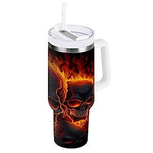 FLildon 40oz Tumbler with Handle and Straw Lid, Fire Skulls Insulated Coffee Mug Stainless Steel Water Bottle Leakproof Vacuum Travel Coffee Cup