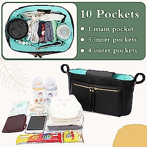 MOMINSIDE Stroller Organizer with Insulated Cup Holders, 10 Pockets Stroller Accessories Leather, Universal Stroller Caddy, Adjustable Straps, Zippered Pocket, Fit All Strollers (Black)