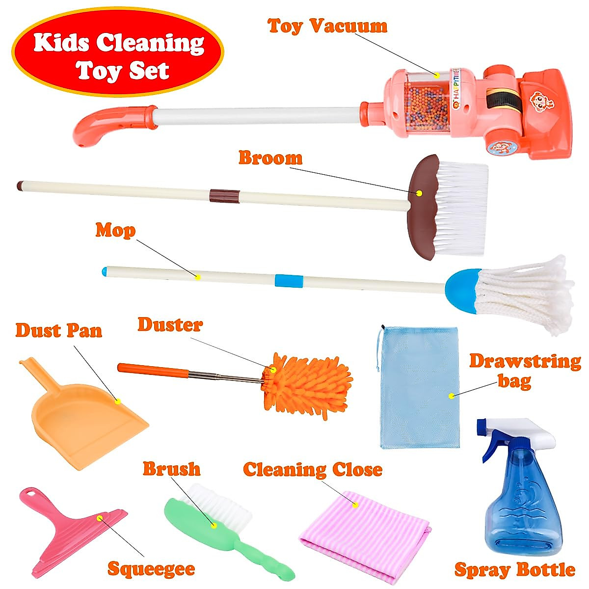 Meland Kids Cleaning Set - 8Pcs Toddler Broom and Cleaning Set with Toy Vacuum Cleaner, Pretend Play Children House Cleaning Toys, Christmas Birthday Gift for Girls Boys