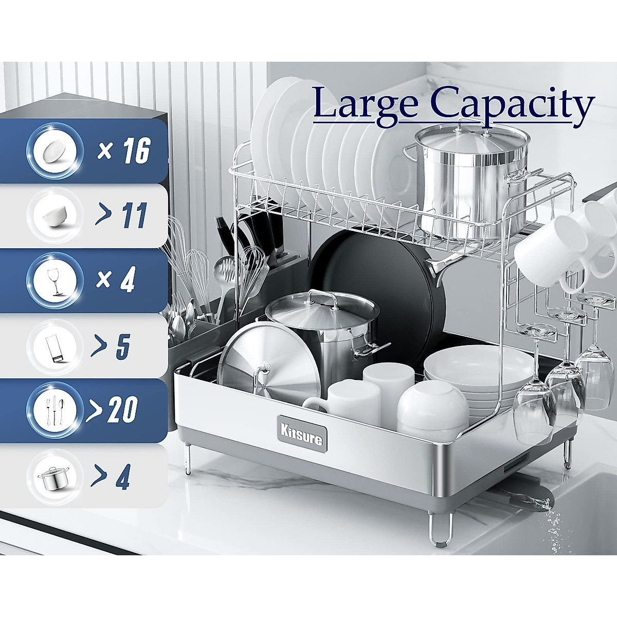 Kitsure 2-Tier Dish Rack, Large Capacity, Stainless Steel, Dish Drying Rack with Drainboard, Multifunctional Kitchen Dish Rack for Dishware