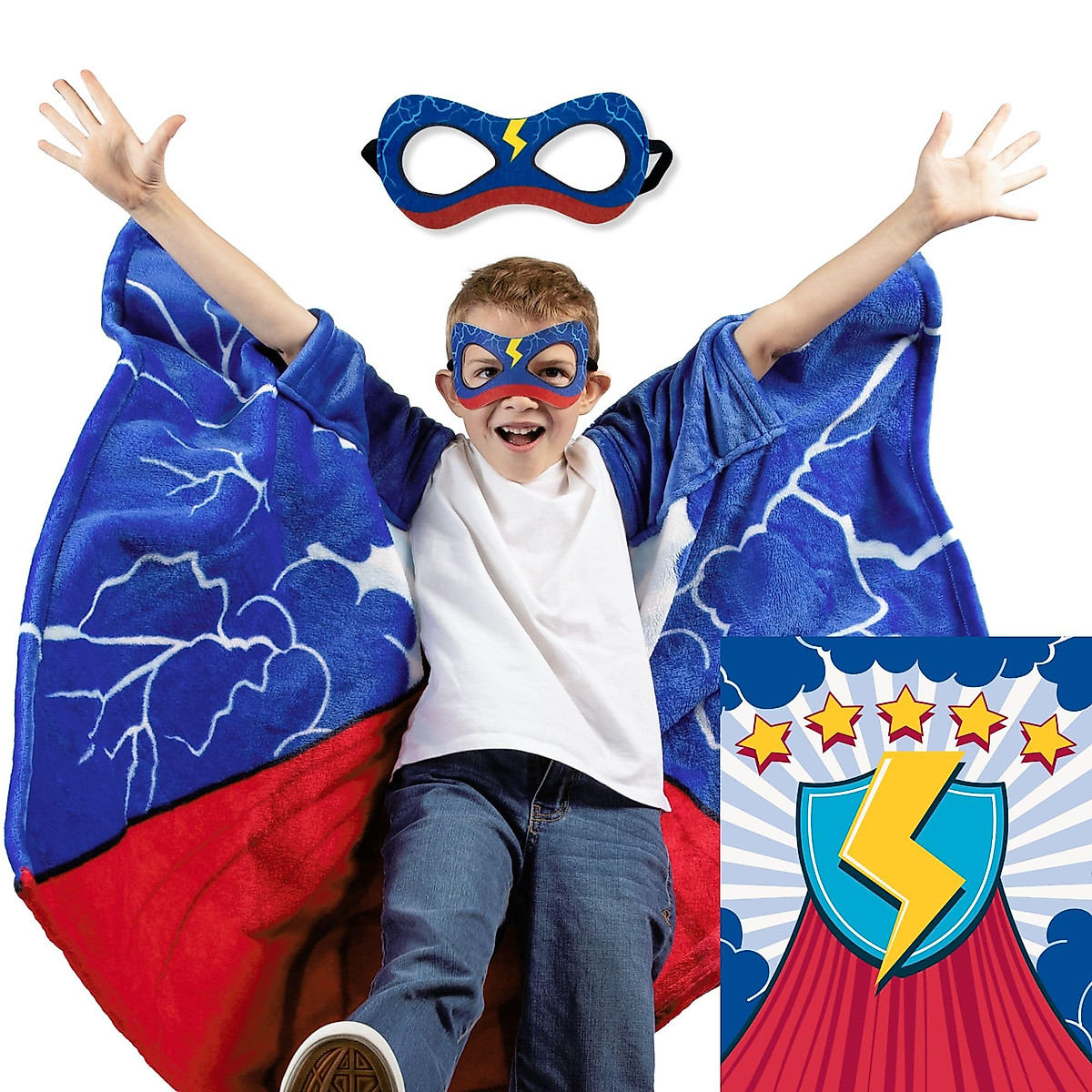 Super Blanky Kids Wearable Blanket - Lightning Bolt Blanket for Kids with Mask - Cozy Plush for Pretend Play, Bedtime, or Gifts - Perfect Birthday or Christmas Gift for Boys - Wearable Blanket Kids