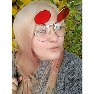 COASION Red Round Flip Up Sunglasses for Men Women Juniors Circle Steampunk Costume Glasses (Gold Frame/Red Lens)