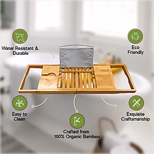 Nature Gear Bamboo Bathtub Tray, Waterproof & Durable Wooden Bath Tray Table for Tub, Extendable Reading Caddy with Phone & Tablet Holder, Easy-to-Adjust Bamboo Trays for Bathroom, Premium Bamboo