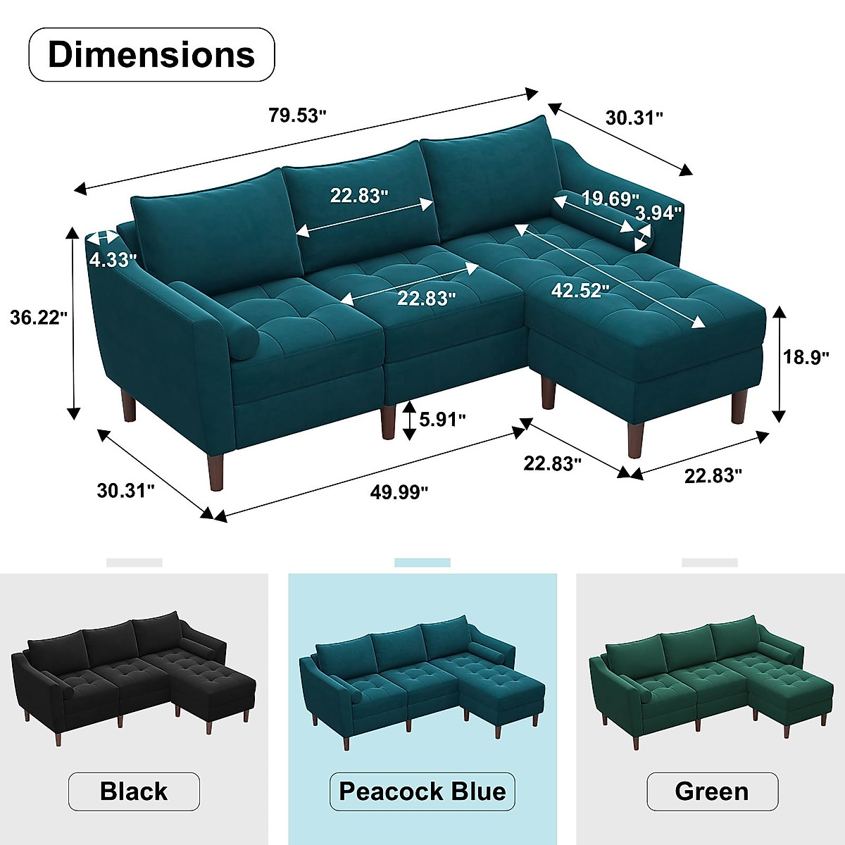 Belffin Reversible Sectional Sofa Couch Mid-Century Modern Velvet L Shaped Sofa 3-Seat Sofa Sectional with Reversible Chaise Foot Rest for Apartment and Small Space Peacock Blue