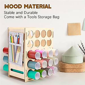 Yumkfoi 2 Pack Wooden Vinyl Roll Holder, 40 Holes Stackable Vinyl Roll Storage Rack with Weeding Tools Storage Bag, Sturdy Wood Vinyl Storage Organizer for Craft Paper Roll Holder Craft Room