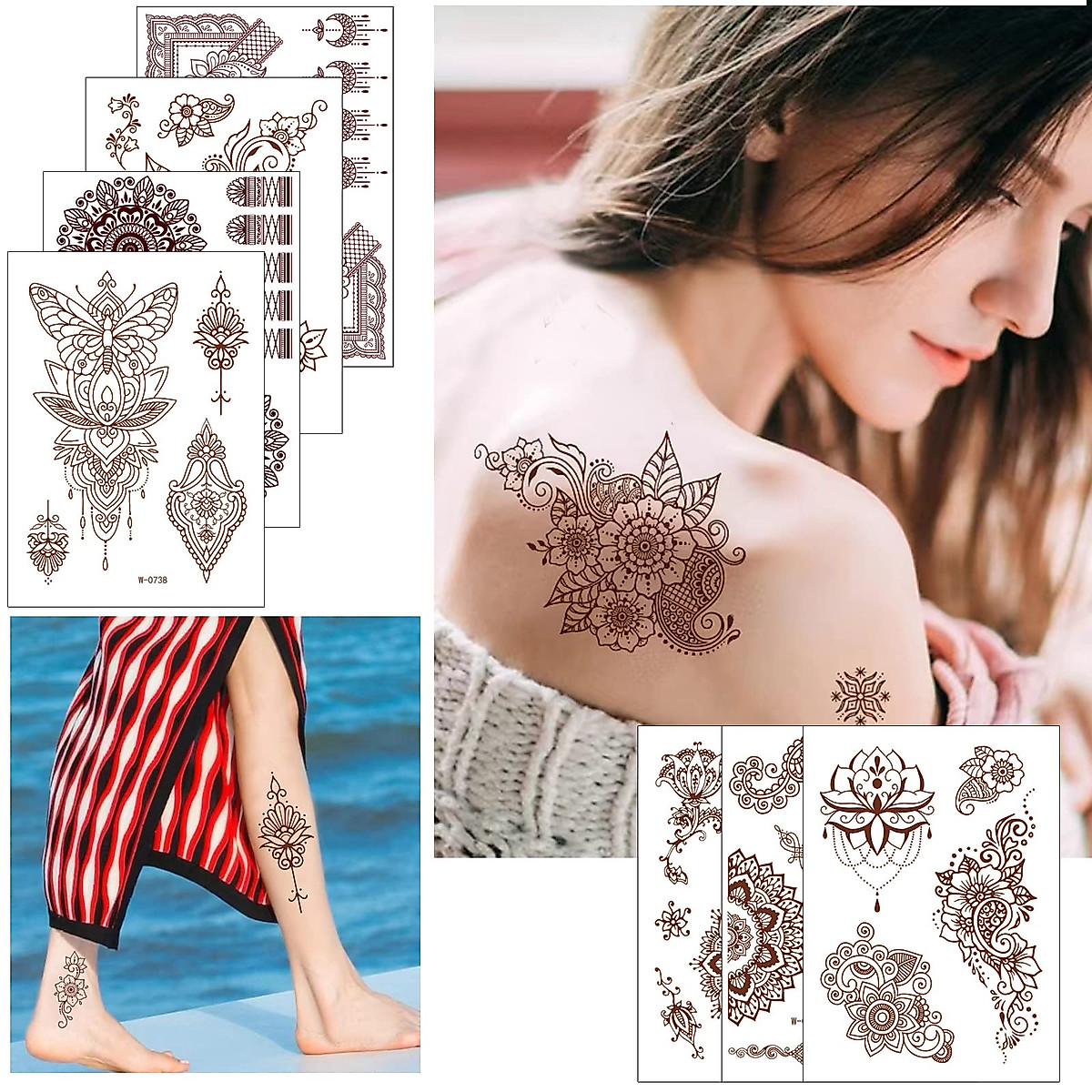 10 Pcs Henna Tattoo Kit Temporary Tattoo Adul Stickers Lace Pattern Fake Tattoos Henna Sticker for Women Girls DIY on Body Face Arms Legs