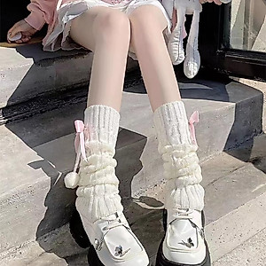 Brexiamin Long Lolita Leg Warmers for Women Harajuku Japanese Wool Cable Knit Thigh High Leg Warmers Loose Socks (Pink)