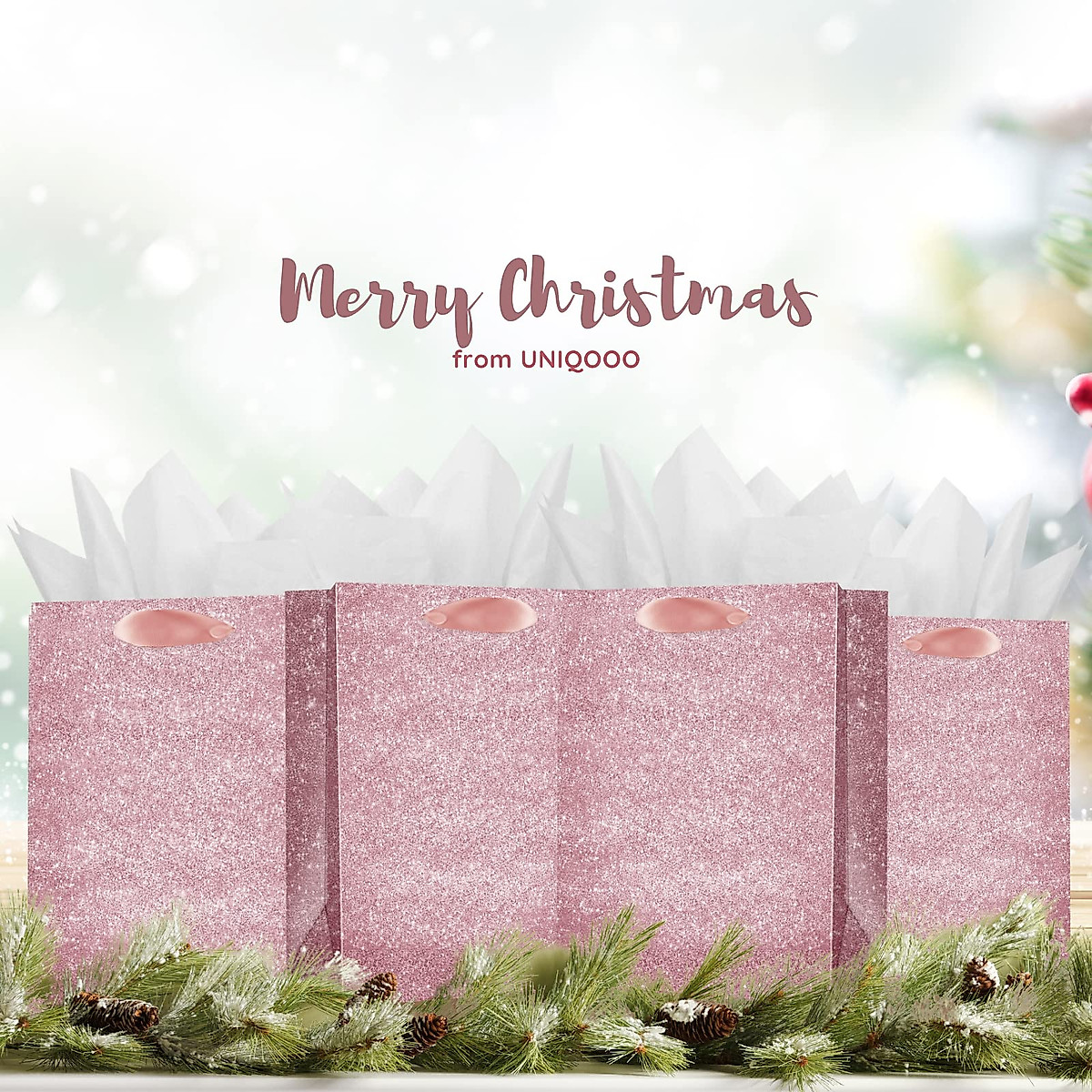 UNIQOOO 12Pcs Embossed Pink Glitter Gift Bags with 24 Tissue Paper Bulk, M 9x7 In, Rose Gold Gift Wrap Bags, Wedding Bridal Favor Bag Gift Packaging, For Christmas, Baby Shower Birthday Holiday Party