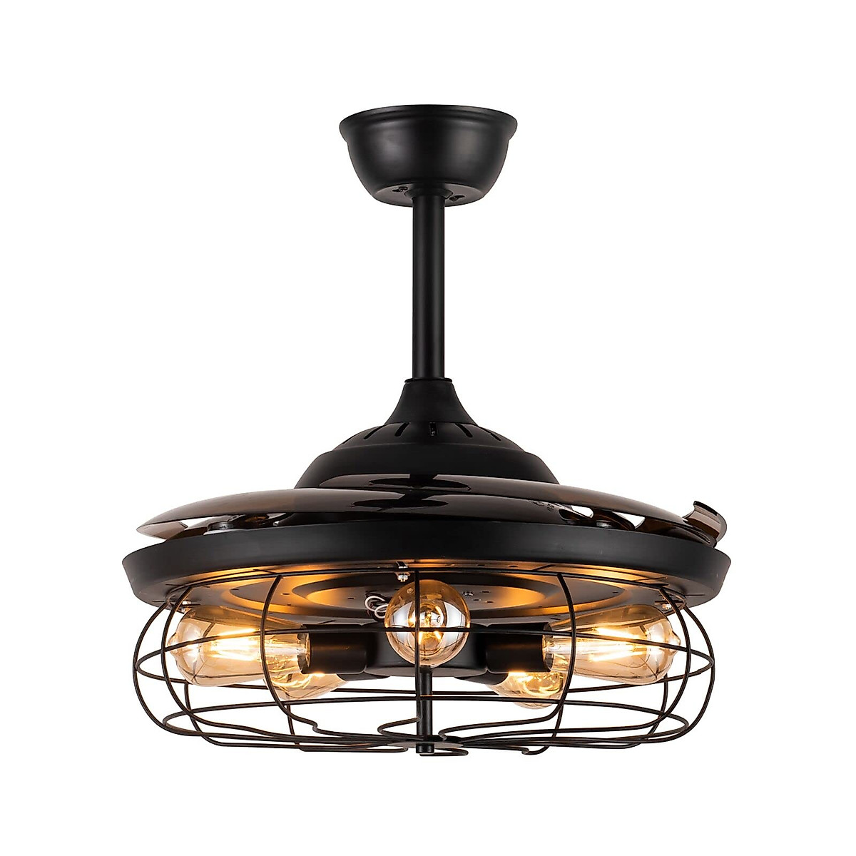 Moooni 48" Industrial Caged Ceiling Fan with Lights and Remote, Black Fandelier, Vintage Retractable Blades Chandelier Fan Light Kit for Bedroom Farmhouse