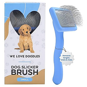We Love Doodles Dog Slicker Brush for Grooming Pet Hair - Best Brushes For Poodle & Golden Doodle - Long Haired Brush For Dogs - Goldendoodle Long Pin Brush For Dematting (Small)