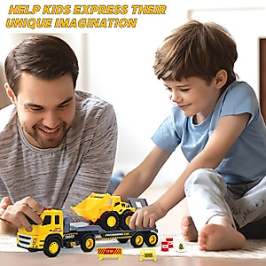 MOBIUS Toys Flatbed Truck with Excavator Tractor Toy - 1:12 Scale, Push and Go Construction Vehicle Playset, Lights & Sounds for Kids, Toddlers, Boys, & Girls Ages 3 4 5 Years Old