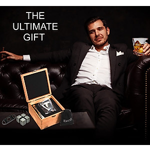 Whiskey Cigar Glasses with Side Mounted Cigar Holder, 10 oz + Whisky Chilling Stones and Accessories in Wooden Box - Scotch Bourbon Set for Dad, Husband, Fathers Day, Birthday Bezrat