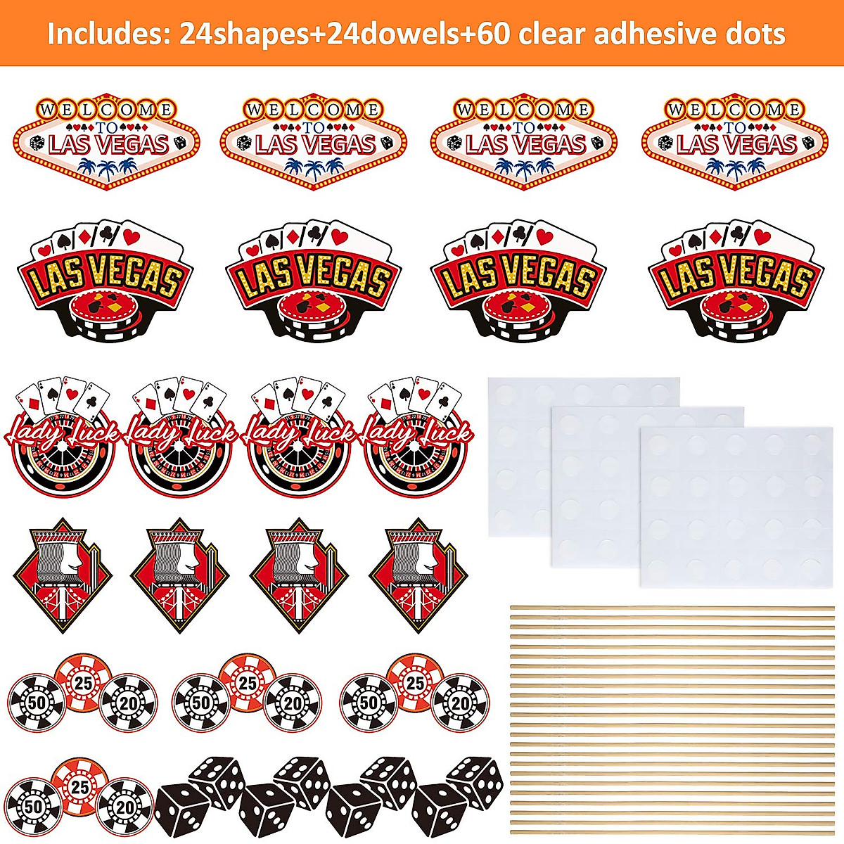 24 Pieces Las Vegas Party Decorations, Casino Party Centerpiece Sticks Casino Cutouts for Baby Shower Birthday Party Casino Theme Party Centerpiece Sticks Table Toppers(Las Vegas)