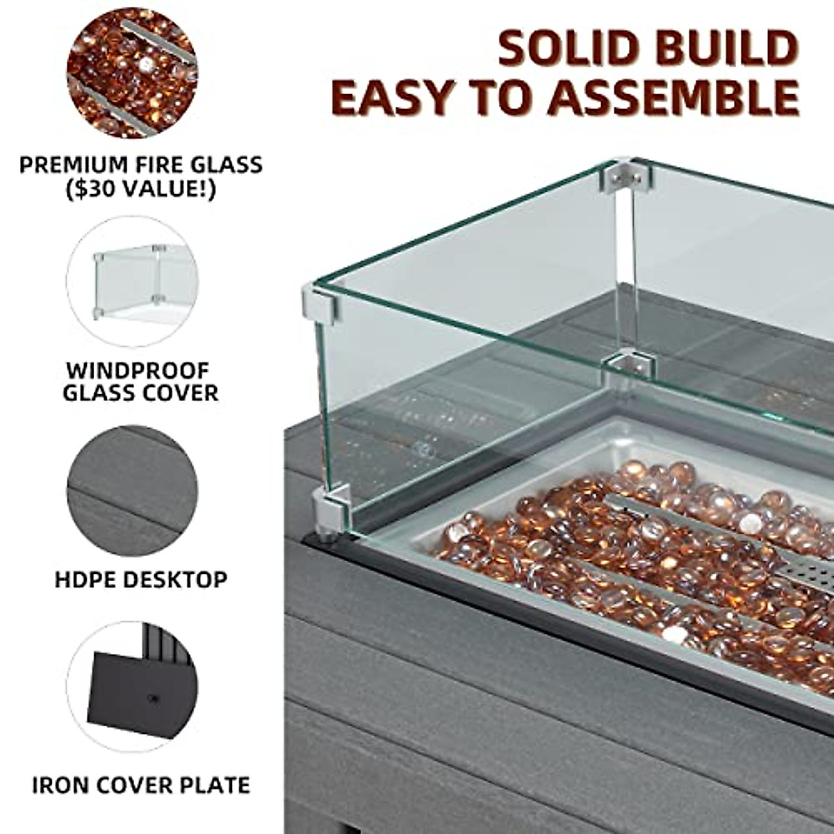 43'' Propane Fire Pit Table, 50,000 BTU Gas Fire Pit , CSA Certified Outdoor Patio Fire Table with Glass Wind Guard, Fire Glass and Lid, Safe for Garden Deck Patio Backyard (Grey)