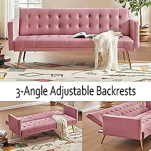 RIDFY 70” Modern Velvet Futon Sofa Bed, Convertible Sleeper Couch with Metal Legs/Armrests, Folding Upholstered Loveseat, 3 Adjustable, Memory Foam Living Seat, Recliner Sofa (Pink)