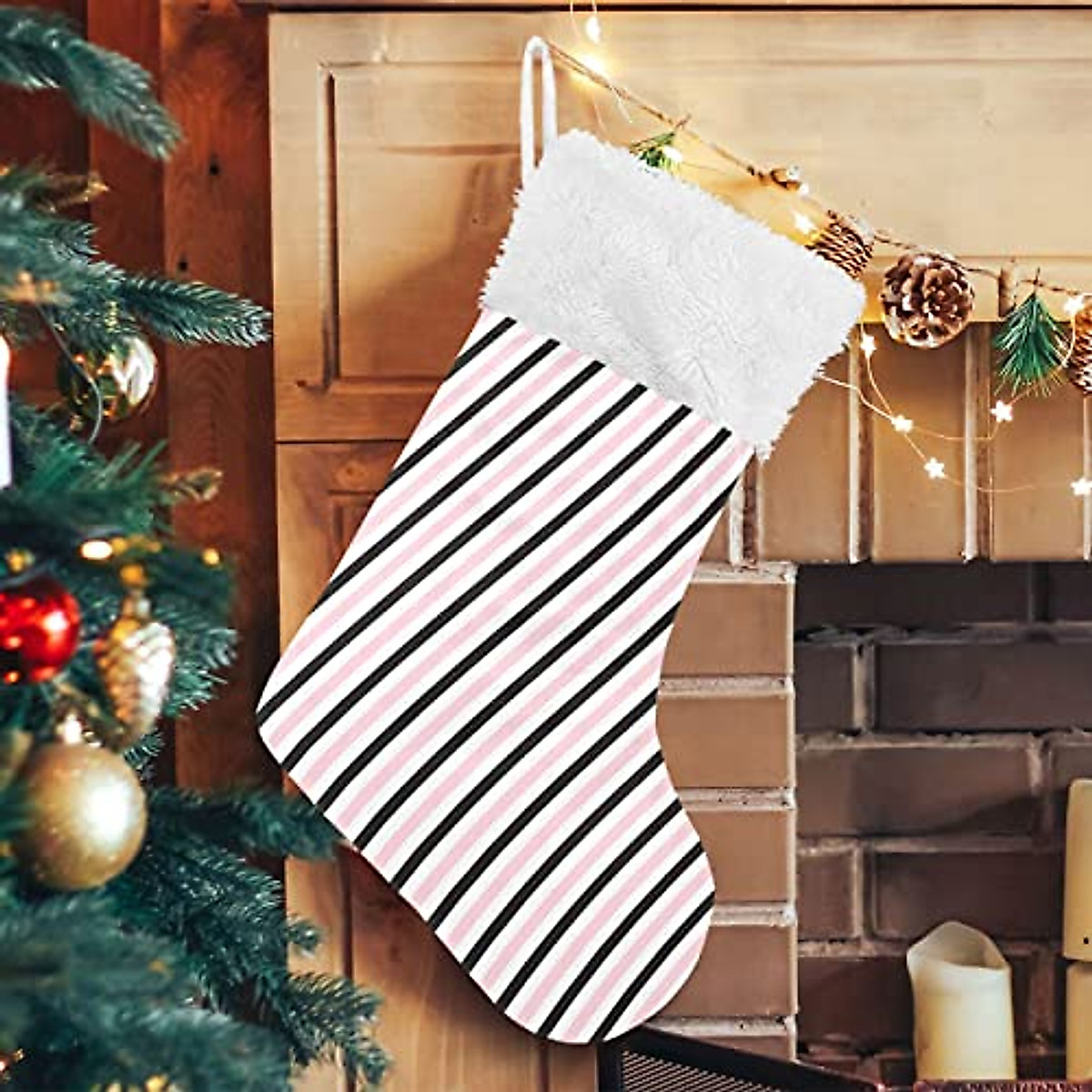 Kigai Christmas Stockings Pink Black Stripe Large Candy Stockings Stuffers Kids Cute Xmas Sock Decorations 1PC for Home Holiday Party 12" x18"