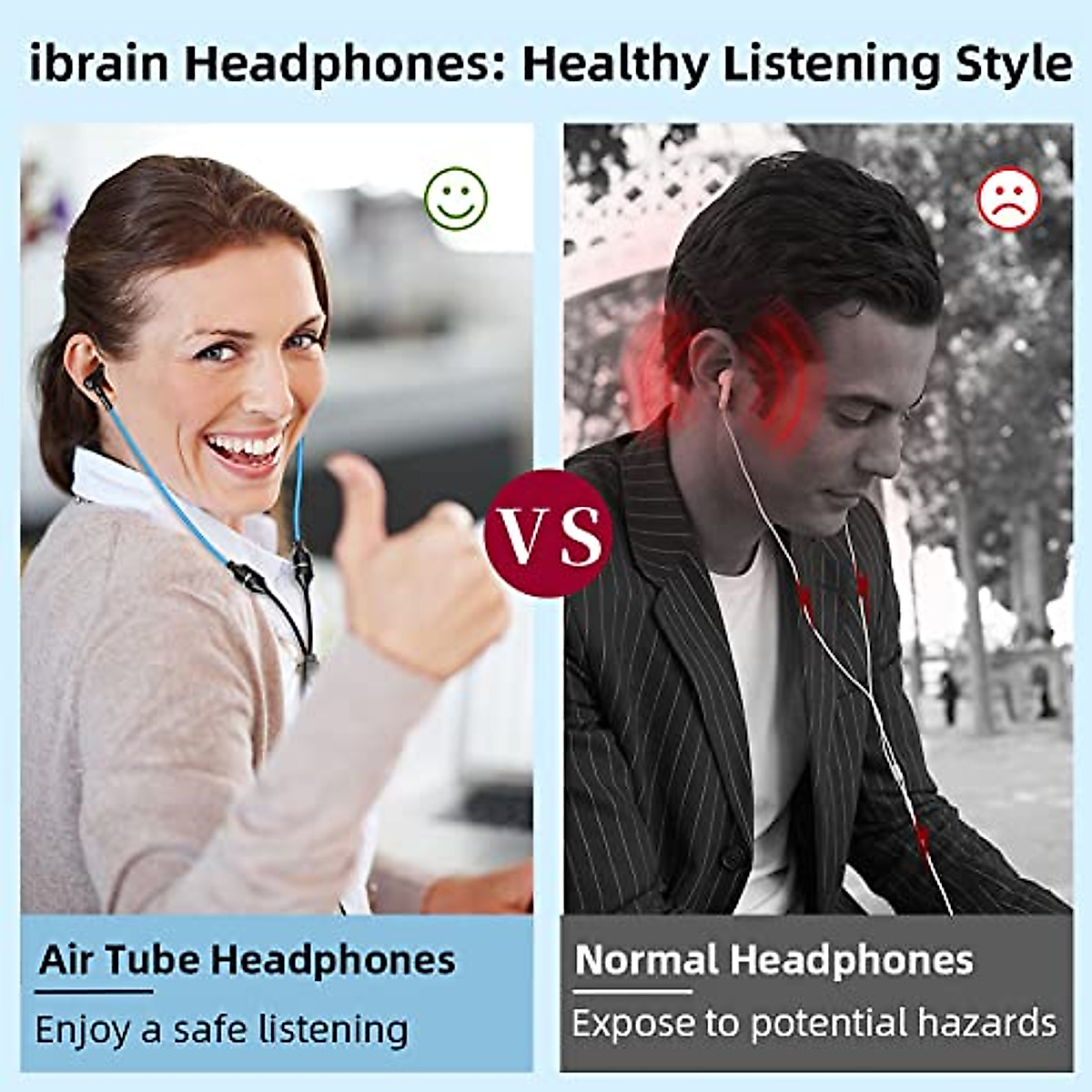 ibrain Air Tube Headphones Air Tube Earbuds with Patented Technology Airtube Headset with Microphone & Volume Control Airtube Headphones for a Safe and Healthy Listening (Black & Blue)