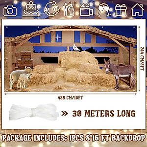 Preboun Christmas Nativity Garage Door Banner Cover Nativity Stable Scene Backdrop Banner Farm Barn Backdrop Christmas Banner Western Photo Backdrop Outdoor Xmas Holiday Winter Party Decor (8 x 16 FT)