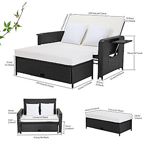 Rengue Patio Rattan Daybed, Wicker Loveseat Sofa with Multipurpose Ottoman and Retractable Side Tray, 4-Level Adjustable Backrest, Footstool w/Storage, Seat & Back Cushion Included, Black