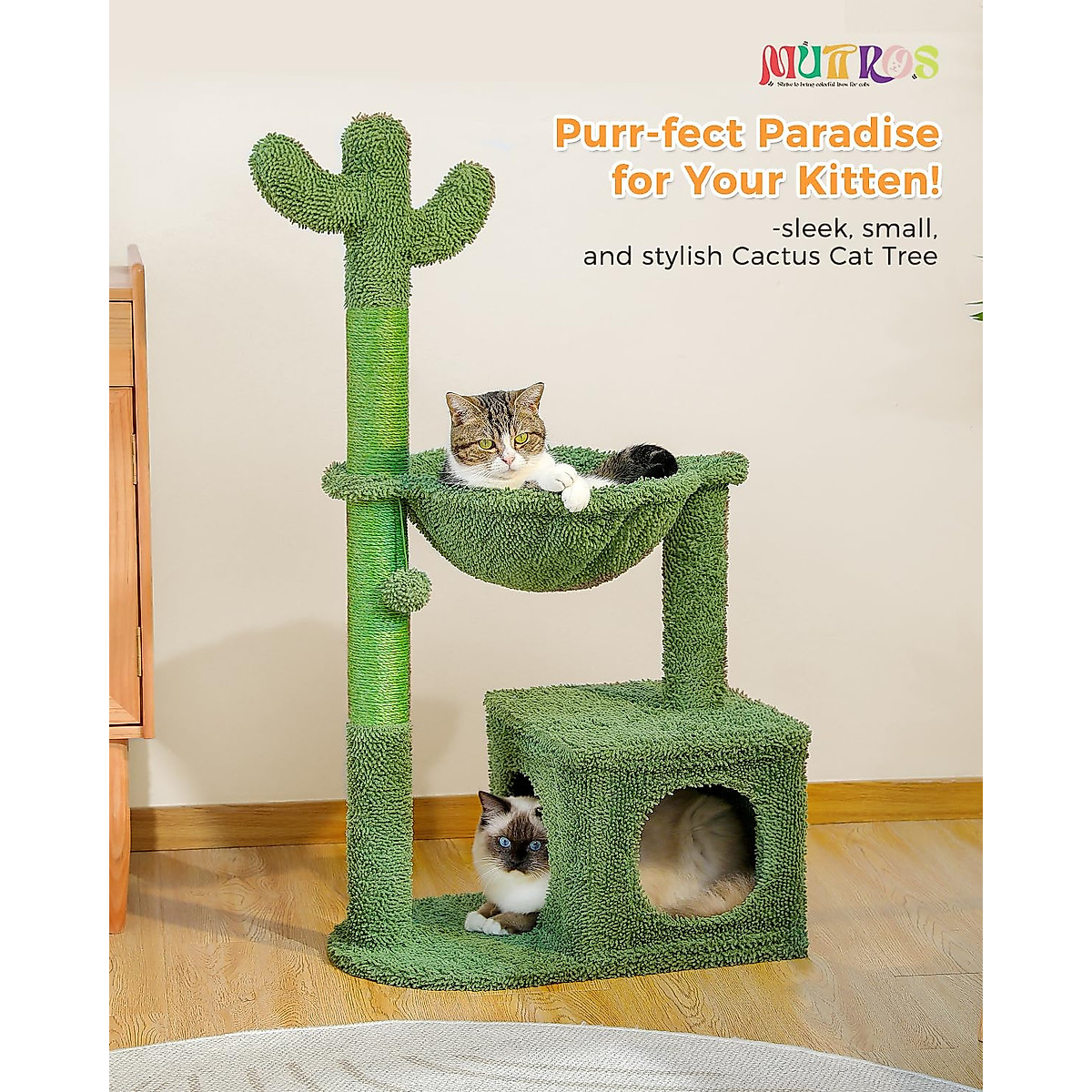 MUTTROS Cactus Cat Tree 40" Cat Tower with Large Metal Carpet Hammock, Cat Scratching Post for Indoor Cats with Condo& Dangling Ball, Green